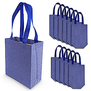 Blue Gift Bags - 12 Pack Medium Blue Reusable Gift Bag Tote with Handles, Glitter Metallic Bling Shimmer, Eco Friendly for Kids Birthday Parties, Bridesmaids, Party Favors, Grocery Shopping - 8x4x10