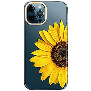 BAISRKE iPhone 12 Pro Max Case,with Flowers,for Girly Women,Shockproof Clear Floral Pattern Hard Back Cover for Phone 6.7 inch 2020 - Sunflower