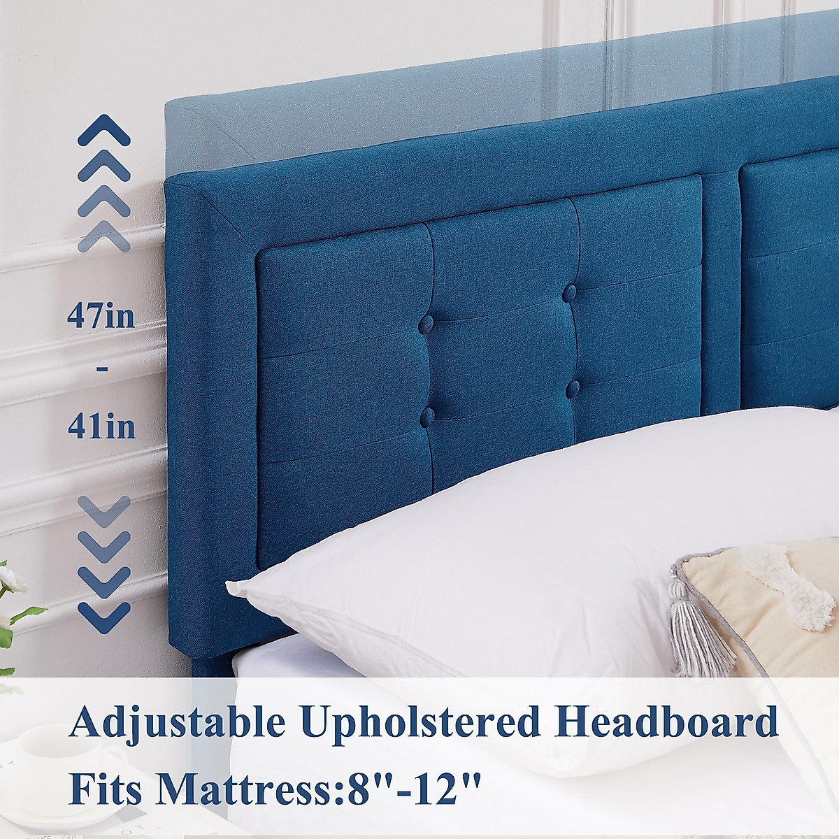 VECELO Queen Size Bed Frame with Adjustable Headboard, Upholstered Button Tufted Platform Bedframe with Wood Slats Support, No Box Spring Needed, Dark Blue