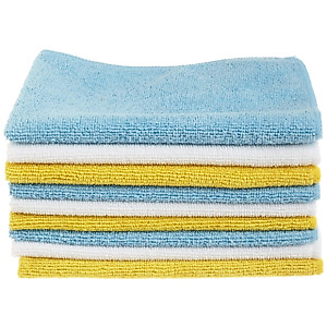 Amazon Basics Microfiber Cleaning Cloths, Non-Abrasive, Reusable and Washable, Pack of 48, Blue/White/Yellow, 16" x 12"