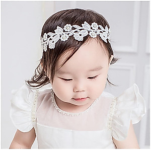 Chiffon Lace Hair Bands For Baby Grils Toddler Flower Lace Accessories Elastic Headband Hand Sewing Beads Hair Bands, Baby Show，Birthdays, Baby Shower,Baby photography, Baby Gifts,0-24 months(white)