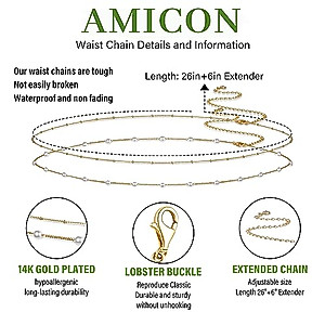 Amicon 2PCS 18K Gold Plated Waist Chain Pearl Belly Body Chain Layered Satellite Waist Chains Minimalist Beach Bikini Body Jewelry for Women 26.5-33Inch