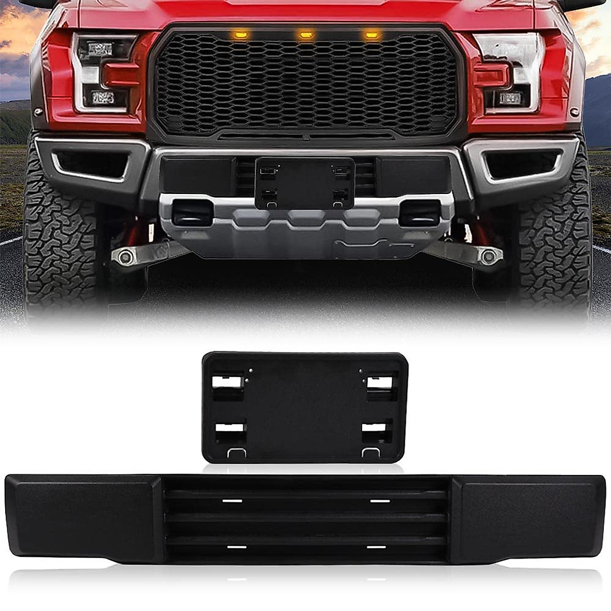 G-PLUS Front Bumper + License Plate Bracket Mount Fascia Cover Compatible with Ford F150 2015-2017 Replacement FL3Z-17E810-AA & FL3Z-17A385-A