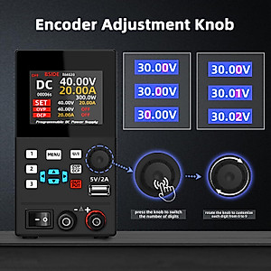 BSIDE 40V 20A DC Power Supply Variable, Programmable with Encoder Knob, Adjustable Switching Regulated Bench Power Supply, 4-Digits LED Display with Memory Storage, 5V/2A USB Ports and Output Button