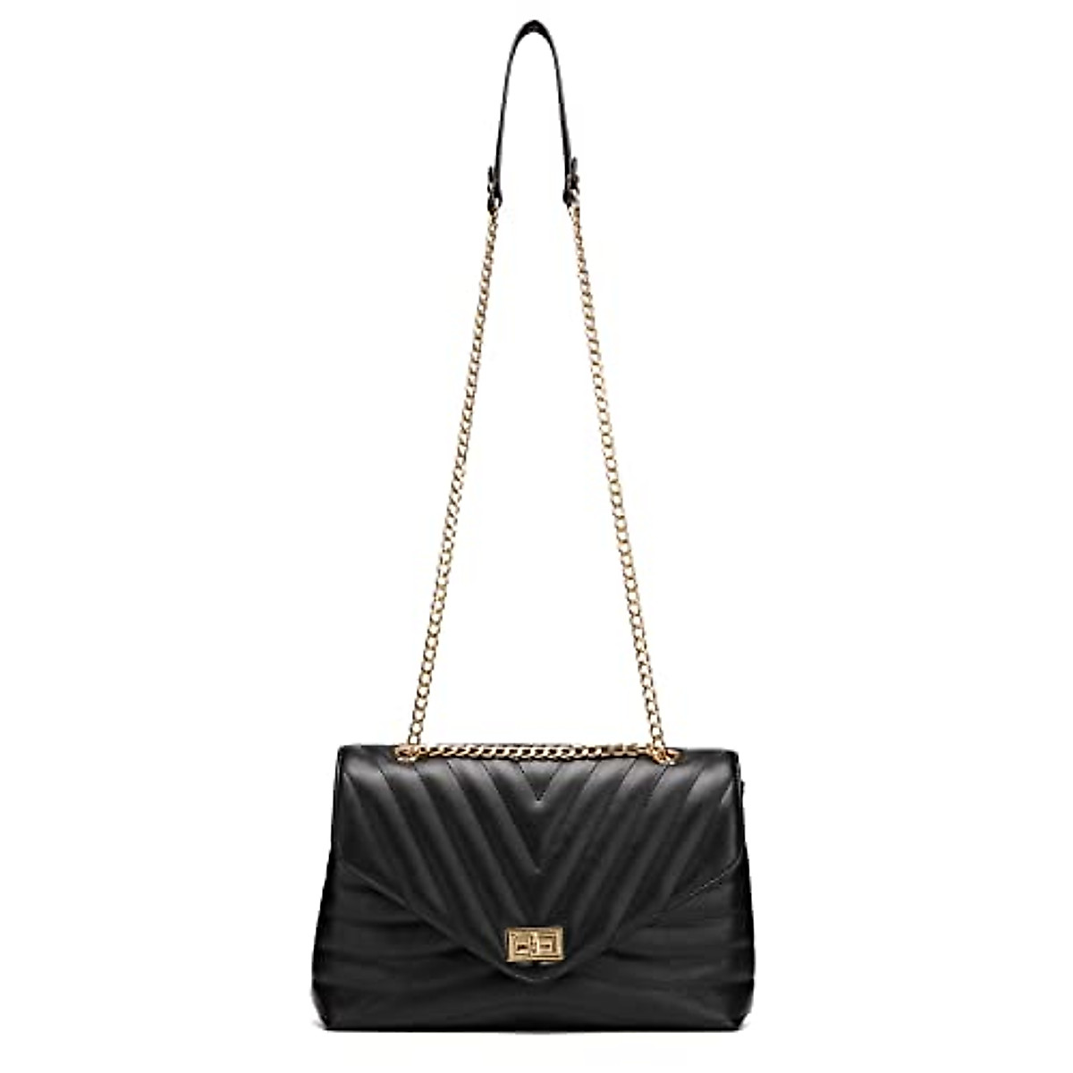 Large Crossbody Bags for Women Stylish Quilted Flap Bag with Adjustable Golden Shoulder Chain Strap (Black)