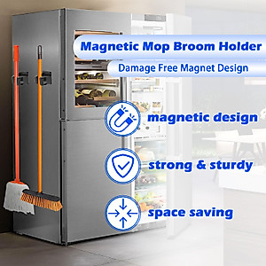 Strong Magnetic Mop Broom Holder, 2 Pack Heavy Duty Magnetic Broom Mop Hanger for Cleaning Tools, Wall Mounted Mop Broom Holder for Laundry Garage Kitchen Workshops Shed