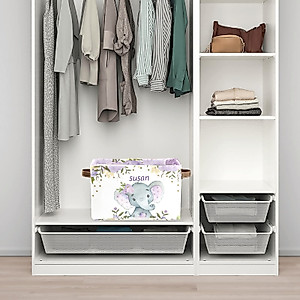 CUXWEOT Personalized Purple Floral Elephant Storage Bin with Name Waterproof Canvas Organizer Bin with Handles for Gift Baskets Book Bag (2 Pack)