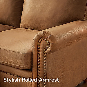 ONBRILL 84" Faux Leather Couch, Mid-Century Modern Couch w/Brass Nailhead Trim, 3 Seater Leather Sofa Couch w/Rolled Arm, Pocket Spring Cushions, Gourd Feet, Brown Couch Leather Sofas for Living Room