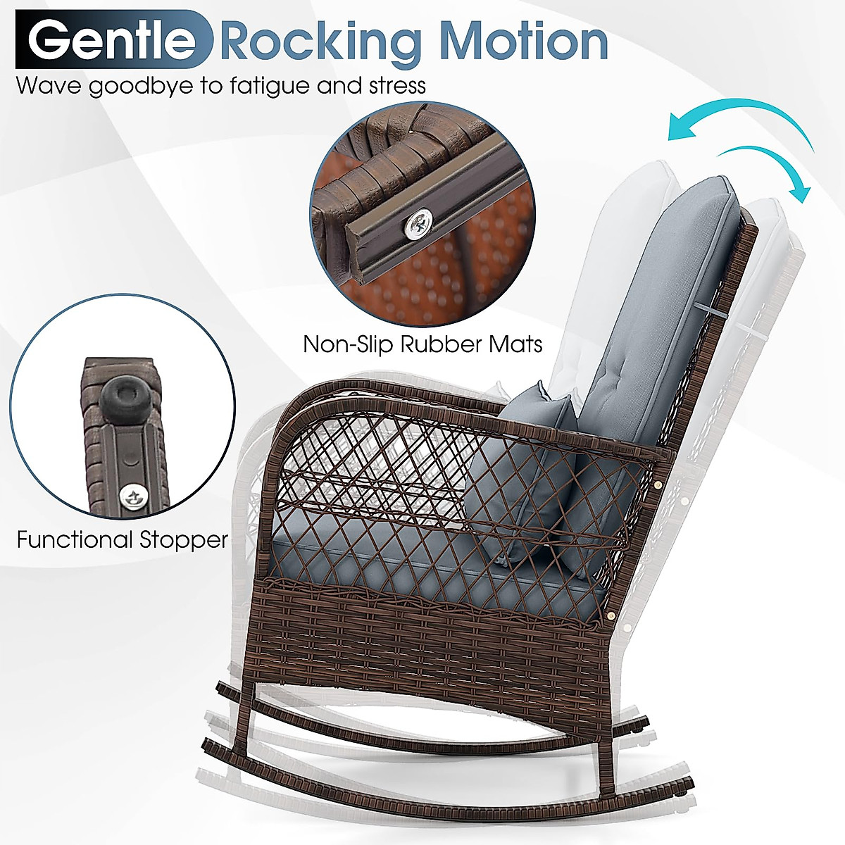 Tangkula 3 Piece Patio Rocker Set, Patiojoy Outdoor Wicker Rocking Chairs w/Double-Layer Coffee Table, Rattan Rocker Chair Set w/Seat Back Cushions & Pillows, for Porch, Backyard, Poolside (Grey)