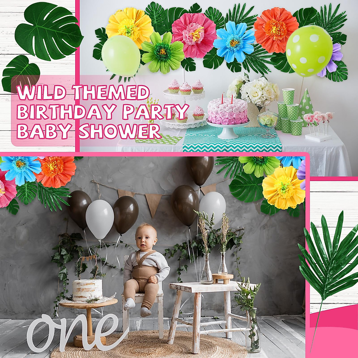 40 Pcs Large Paper Flowers and Artificial Tropical Leaves, 24''/12'' Jumbo 3D Chroma Paper Flowers Faux Leaves for Safari Jungle Hawaiian Luau Party Birthday Wedding BBQ Table Decor (Palm Leaf)