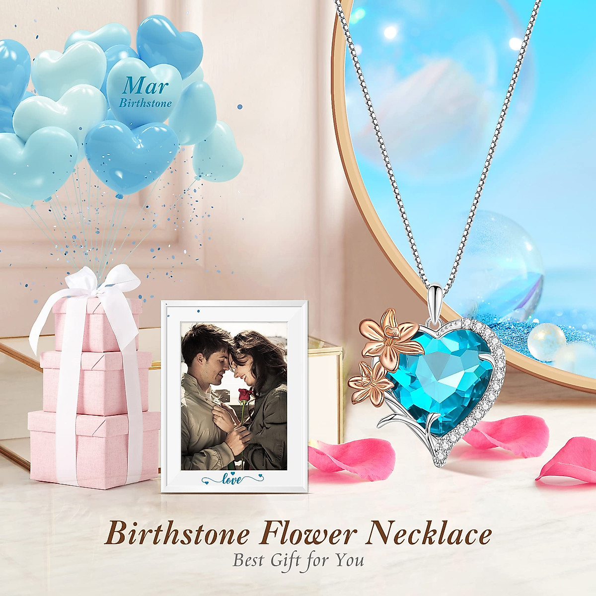 VOROCO Heart shaped crystal birthstone necklace with birthday flowers，925 Sterling Silver Pendant Love Necklace for women gifts