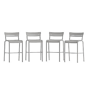 Flash Furniture Nash Commercial Grade Steel Stack Stool, Indoor-Outdoor Bar Stool with 2 Slat Back, Set of 4, Silver