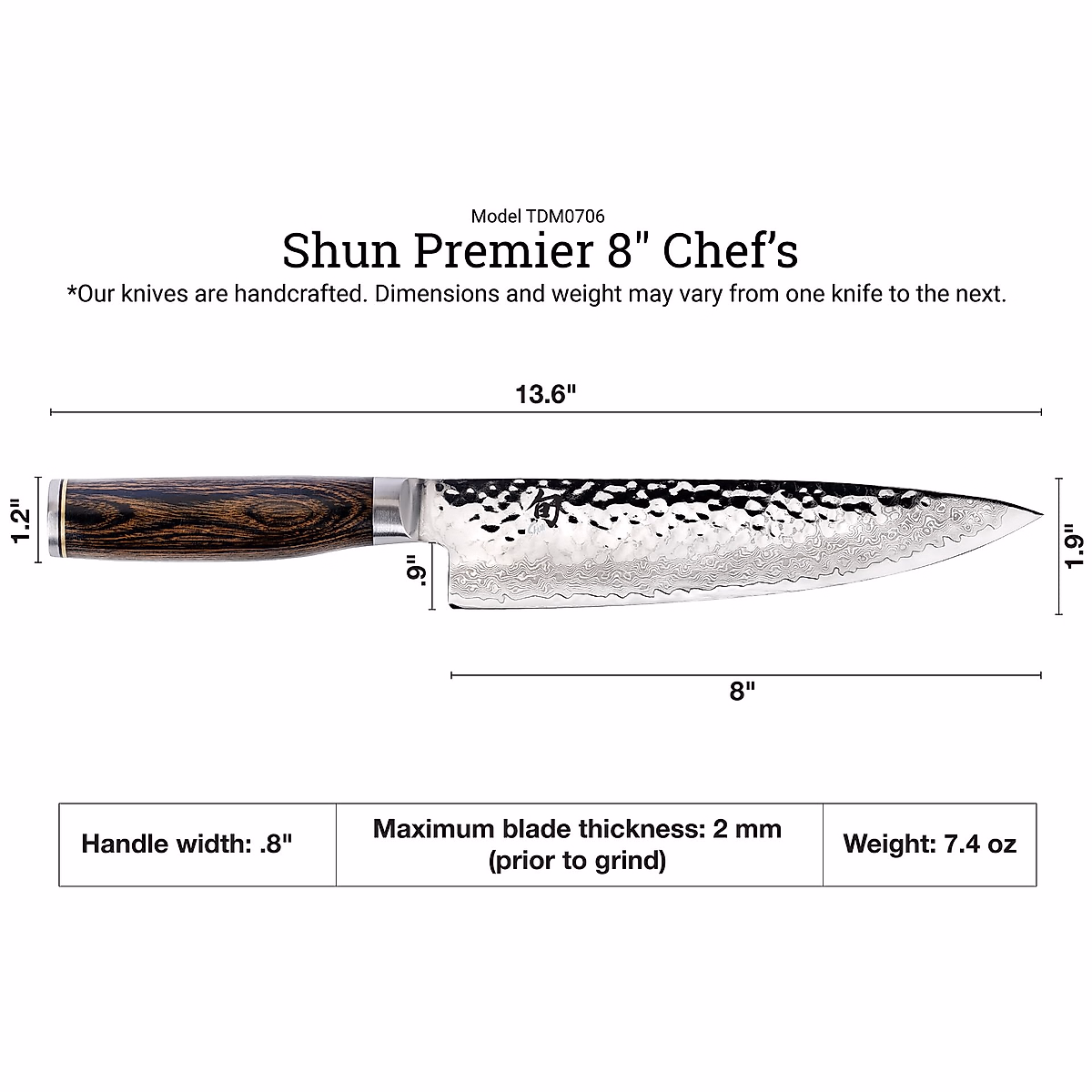 Shun Chef's Knife Cutlery Premier, 8 Inch, Brown