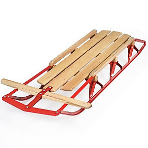 Renatone Wooden Sled, 54 Inch Snow Sleigh Toboggan w/Metal Runners & Steering Bar, Pull Sled for Kids & Adults, Steel & Wood, Red