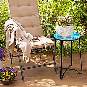 LIFFY Outdoor Side Table, 14" Weather Resistant Metal & Glass Patio Accent Side Table, Indoor Home Decorative End Table, Plant Stands Table Outside, for Yard Balcon Garden Bedside (Blue Jellyfish)