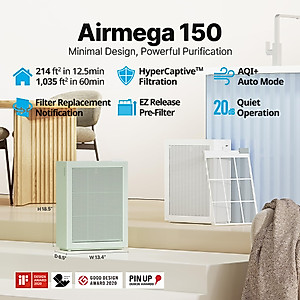 Coway Airmega 150 True HEPA Air Purifier with Air Quality Monitoring, Auto Mode, Filter Indicator (Dove White)