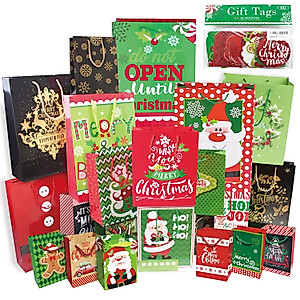 24 Christmas Gift Bags Assorted sizes with 60-Count Christmas Gift Tags（Bulk Set,6 XL,6 Large,6 Medium,6 Small）
