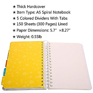 5 Subject Notebook，Wide Ruled Spiral Notebooks，A5 Travelers Notebook, Colored Dividers with Tabs, Cute Floral Notepad, Hardcover Journal Memo Planner for School Kids Girls Women, 5.7”×8.27”, 300 Pages