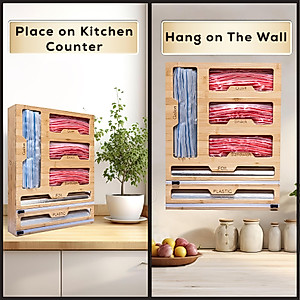 Silk N Sage Bamboo Storage Bag Organizer - 6 in 1 Foil and Plastic Wrap Organizer with Cutter suitable for Gallon, Quart, Sandwich Bag and Wrapping Papers.