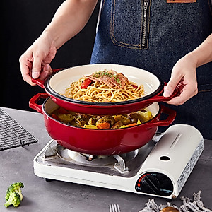 Bruntmor 2-in-1 Pre-Seasoned Cast Iron Pan |Cocotte Double Braiser Pan with Grill Lid 3.3 Quarts - Barbecue Grill Non Stick Frying Pan - Nonstick Cookware Set with Wide Handle (Red)