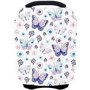 Baby Car Seat Covers Canopy Cover, Stretchy Car Seat Covers for Babies, Soft Jersey Nursing Breastfeeding Cover, Multi-use Cover Infant Carseat Canopy, Baby Boys & Girls Shower Gifts (Butterfly)