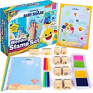 Creative Kids Baby Shark Stamp Set 36 Piece Wooden Stamps Set Includes Ink Pads, Stickers, Markers, Picture Frames - Montessori Wood Stamp Birthday Gift Set for Girls & Boys Toddlers Ages 3+