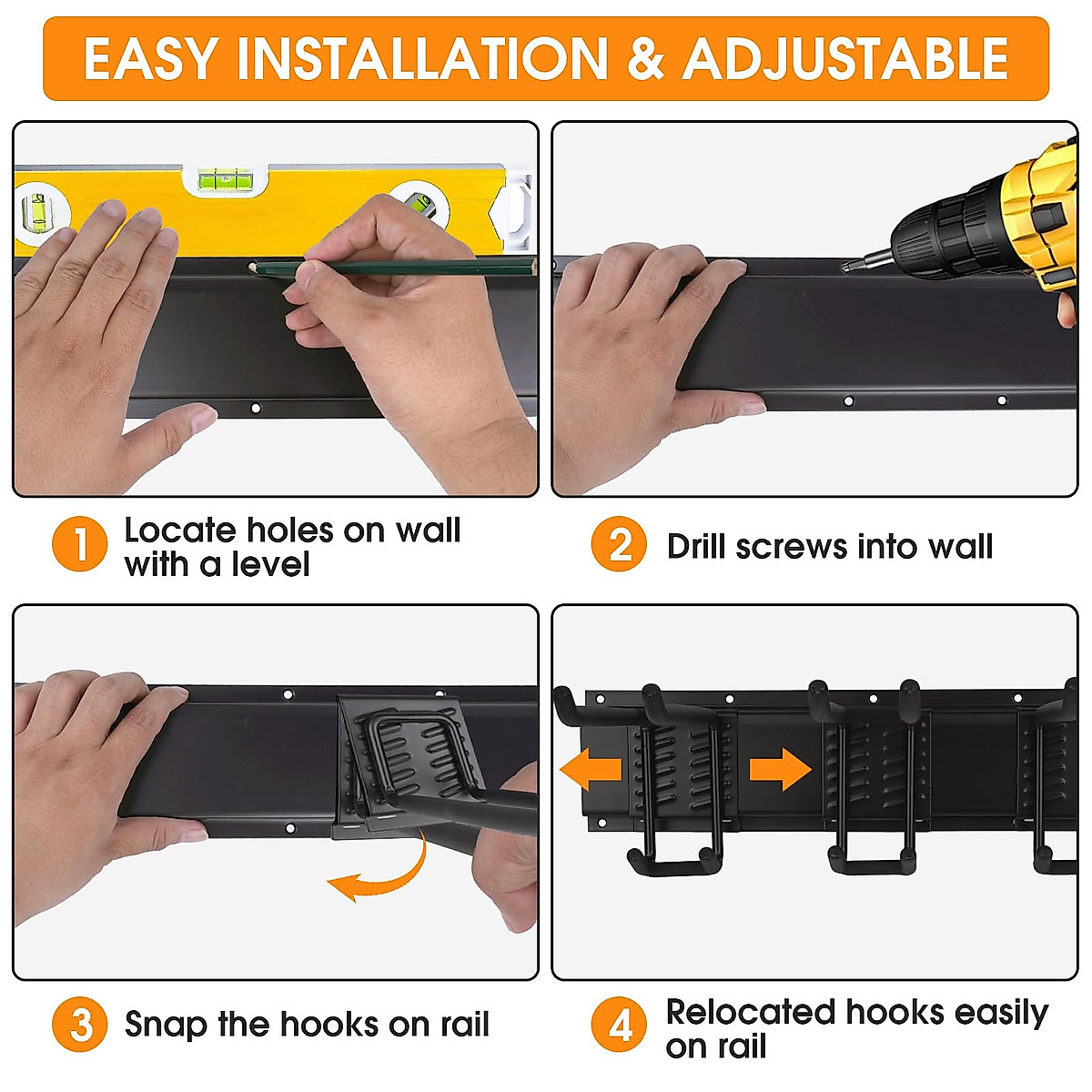 Garage Organization,Garage Tool Organizer with 6 Removable Hooks and 3Rails,Yard Tool Organizer For Garage 48 Inch,Tool Storage Organizer for Ski Gears, Chair, Broom, Mop, Rake Shovel Yard Tools