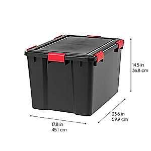 IRIS USA 74 Quart WEATHERPRO Plastic Storage Box with Durable Lid and Seal and Secure Latching Buckles, Weathertight, Black with Red Buckles, 4 Pack
