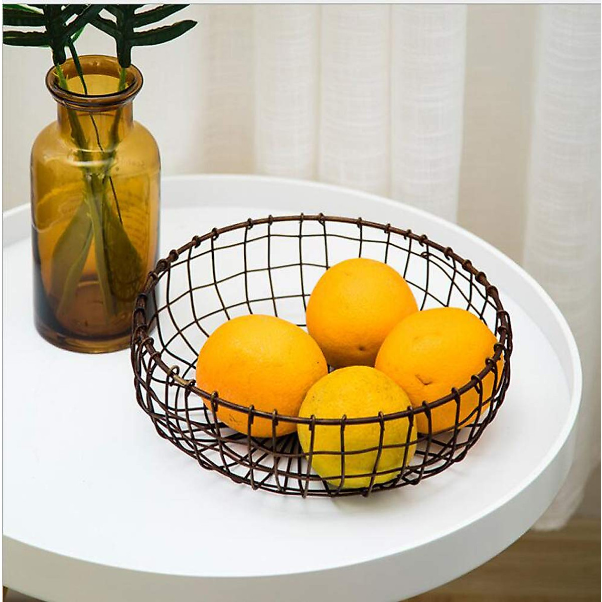 Vintage Handmade Woven Wrought Iron Mesh Fruit Basket Bowl Creative Bronze Snack Plate Tray Holder Stand Round Serving Storage Container (Medium(1pc))