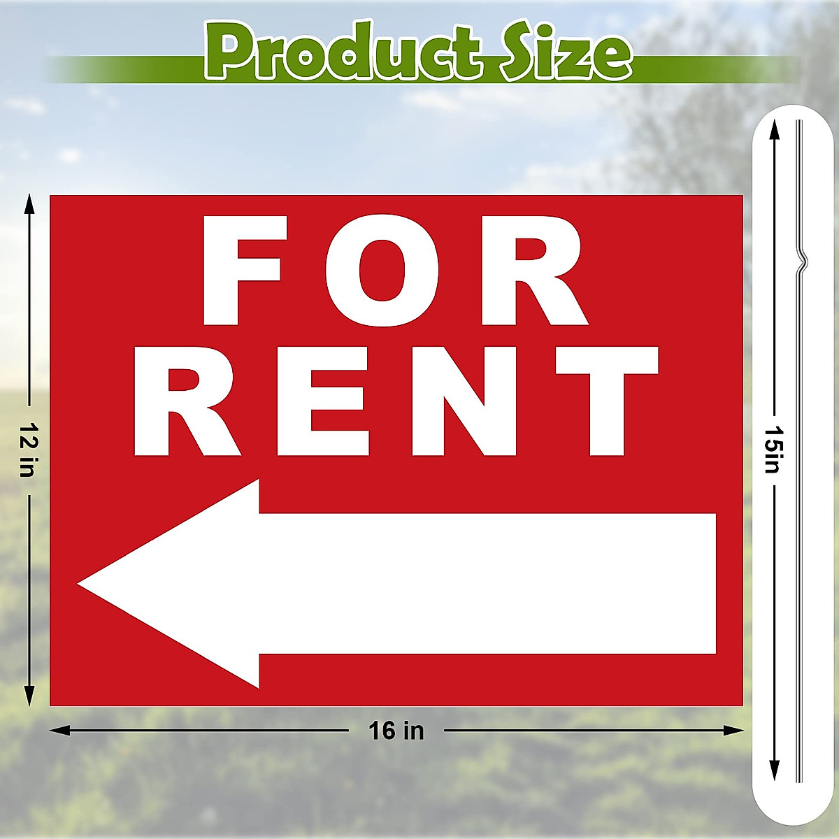 3 Pack 12 x 16 Inches for Rent Sign Kit Yard Sign with Tall Stands Double Sided Corrugated Plastic for Rental House Car Apartment Shops Business (Red)