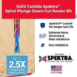 Amana Tool 46202-K Solid Carbide Spiral Plunge Router Bit Down Cut 1/4 Dia x 3/4 x 1/4 Inch Shank, Spektra Extreme Tool Life Coated