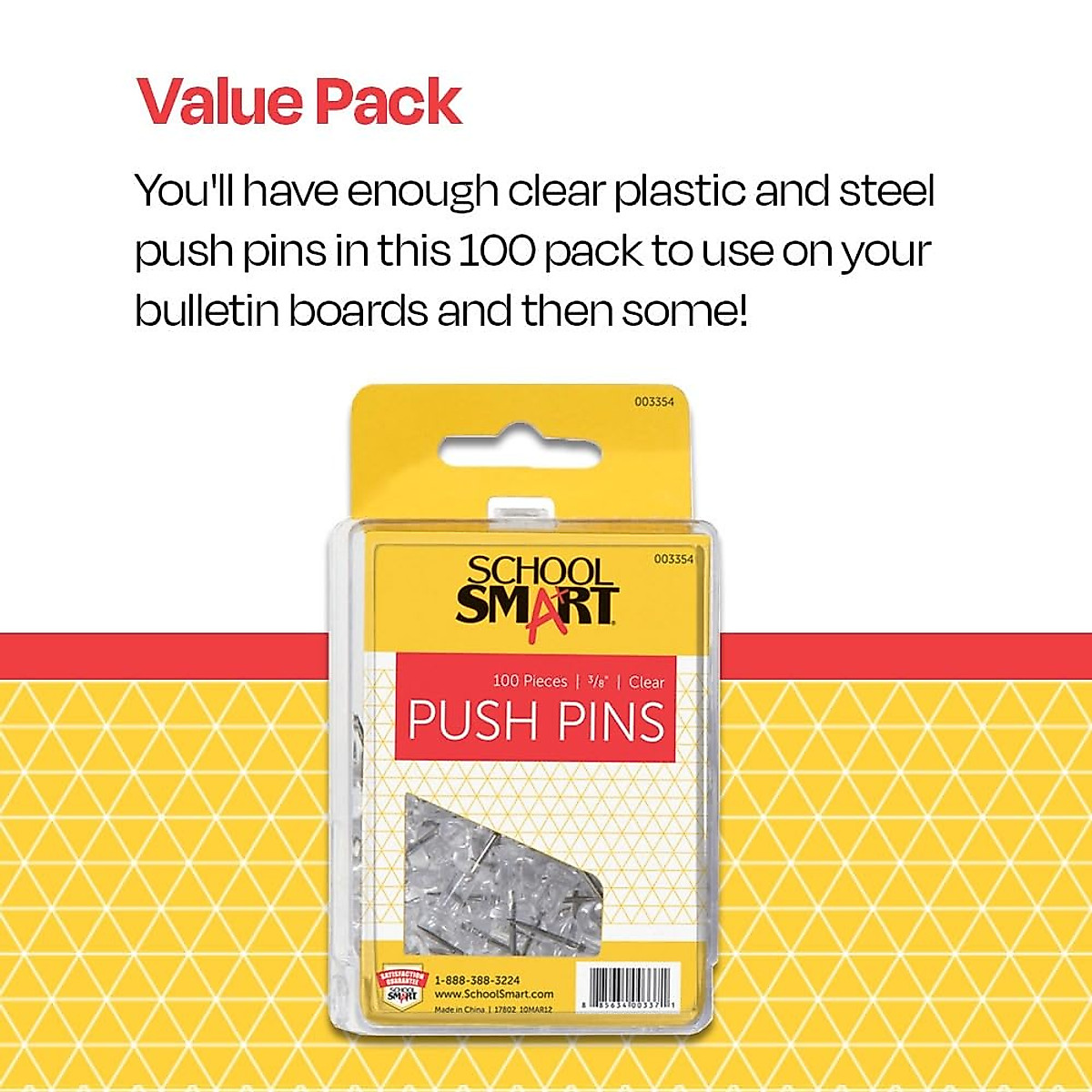 School Smart 003354 Clear Push Pin, 3/8" L (Pack of 100)