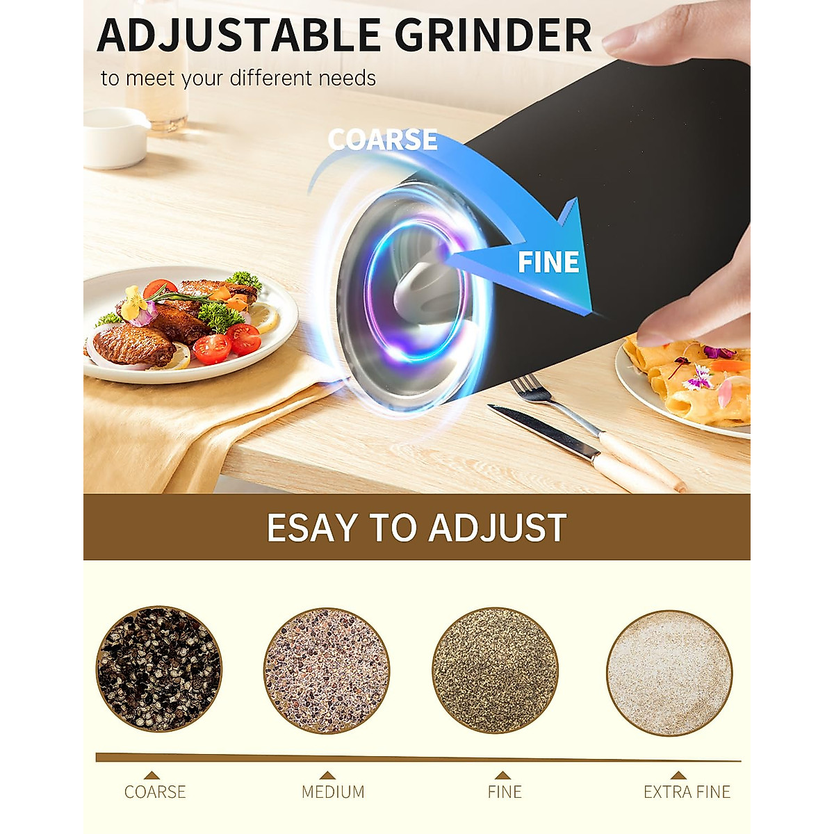 CIRCLE JOY Gravity Electric Salt and Pepper Grinder Set Rechargeable Salt and Pepper Grinder Set with LED Light, No Battery Needed, Adjustable Coarseness, Washable 135ml Container, Black