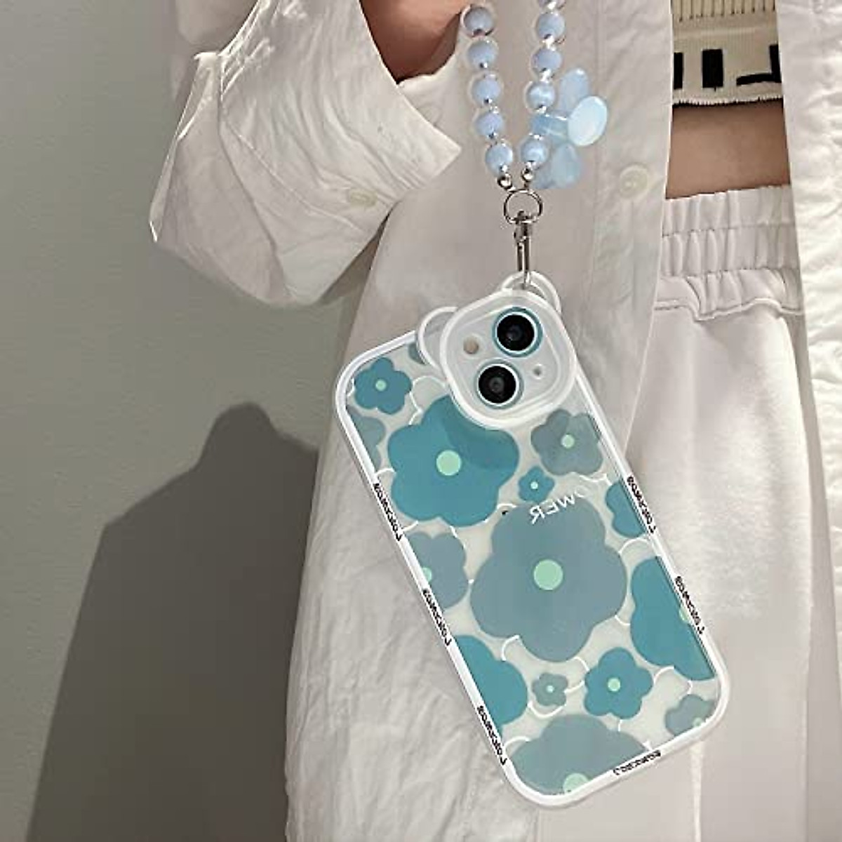 NITITOP Compatible for iPhone 13 Case Clear Floral Bear Camera Lens Case with Lovely Flower Bracelet Chain for Women Girls, Soft TPU Shockproof Cover-Blue