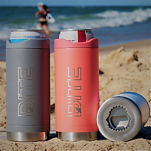 BITE Slim Shark Drink cooler| For slim can beverages. Built-in patent-pending opener. Beer, Seltzer, Soda, and Energy Drinks. | Gray