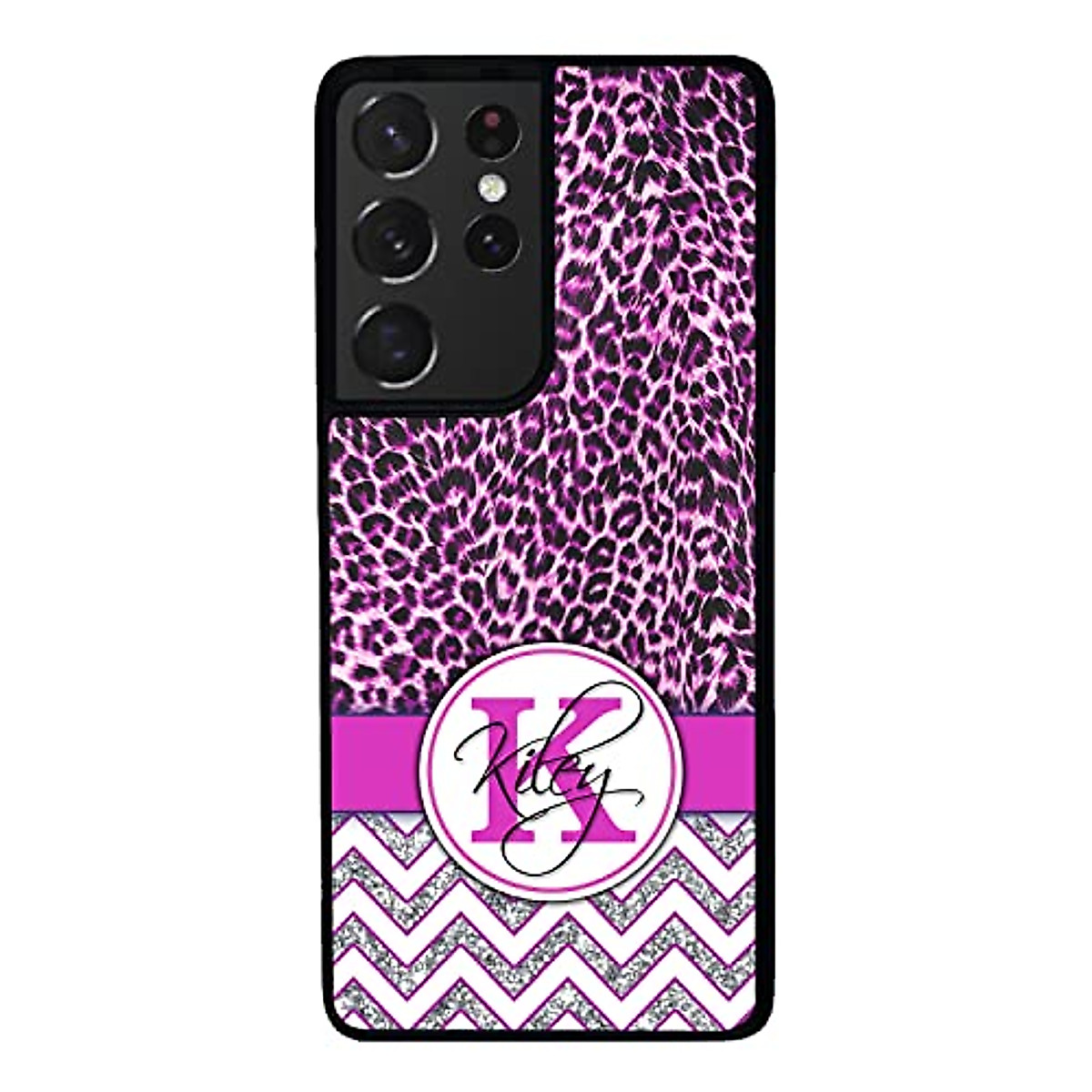 Pink Leopard Skin Personalized Black Rubber Phone Case Compatible With Samsung Galaxy S23 S23+ Ultra S22 S22+ S21 S21FE S21+ S20FE S20+ S20 Note 20 S10 S10+ S10e