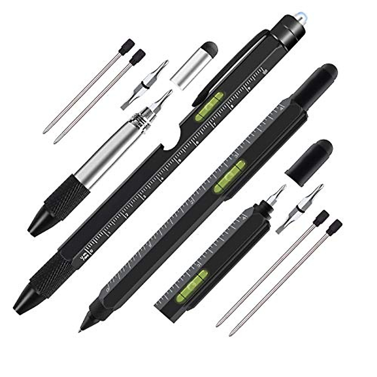 2Pcs Multi Tool Pen, Tirmrin Unique Gifts for Men, LED Light, Stylus, Ruler, Ballpoint Pen, Level, Bottle Opener, Screwdriver, Christmas, Valentines, Father's Day Cool Gadget for Him (Black)