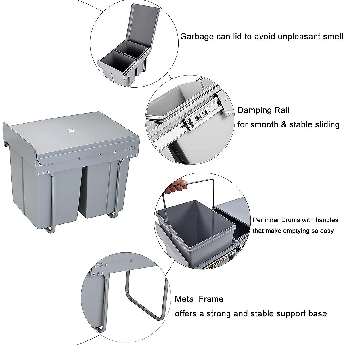 Nisorpa 40 Liter / 10.6 Gallon Dual Pull Out Trash Cans Under Cabinet Counter/Sink with Lid - Commercial Garbage Can Recycling Container Kitchen Waste Bins - Soft-Close Slides Out & Fixable Base, Gray