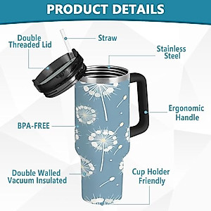 FRCSDIY Dandelion Insulated Tumbler with Handle and Straw Lid,40oz Leakproof Stainless Steel Cup BPA-Free Water Bottle