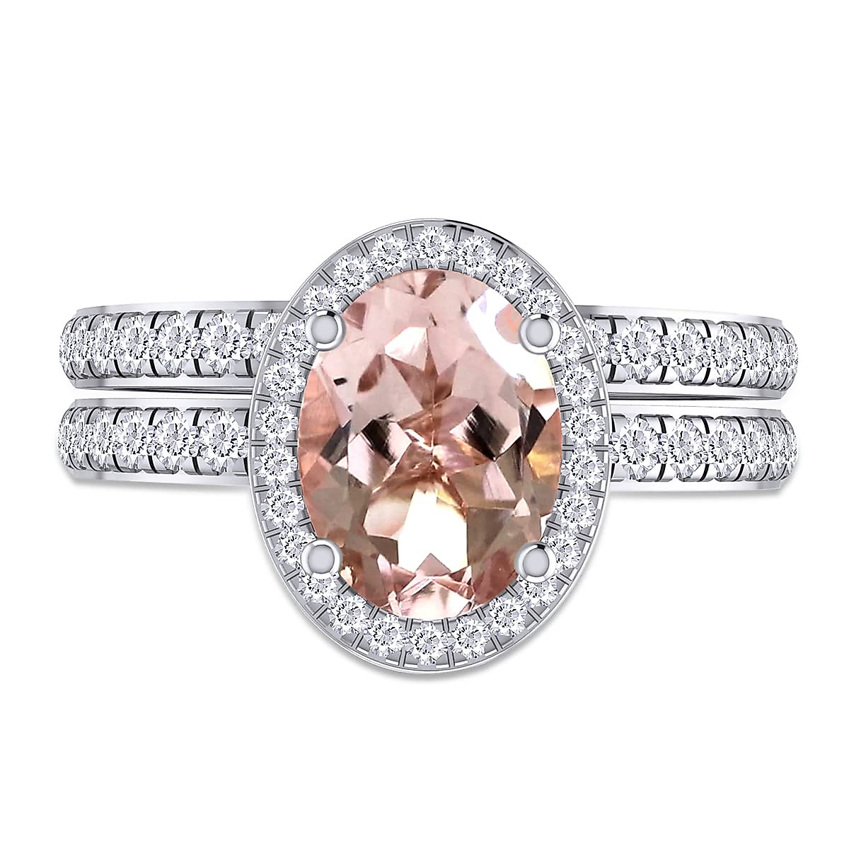 GEMVIO Collection 8X6MM Oval Cut Natural Morganite Gemstone & Natural Diamond Halo Bridal Set Engagement Ring In 14K White Gold Over Sterling Silver Anniversary Wedding Ring (1.40 Cttw)-7
