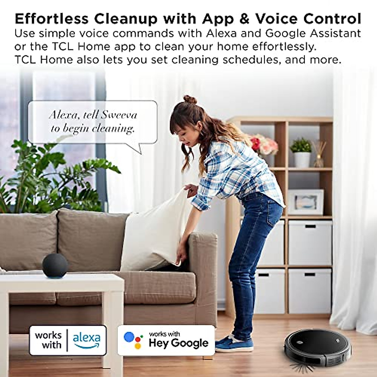 TCL Sweeva 2000 Robot Vacuum Cleaner Ultra Slim 2.76inch, 2000Pa Suction for Pet Hair, Hard Floor & Medium-Pile Carpets, 150mins Runtime, Washable Filter, WiFi & Alexa/Google Enabled