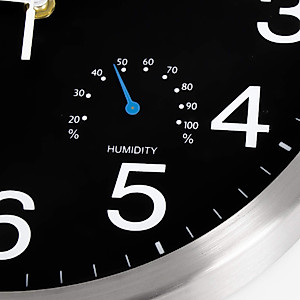 Reynoe 12 Inch Silver Aluminum Frame Wall Clock with Thermometer Hygrometer Battery Operated Silent Movement Decorative for Home