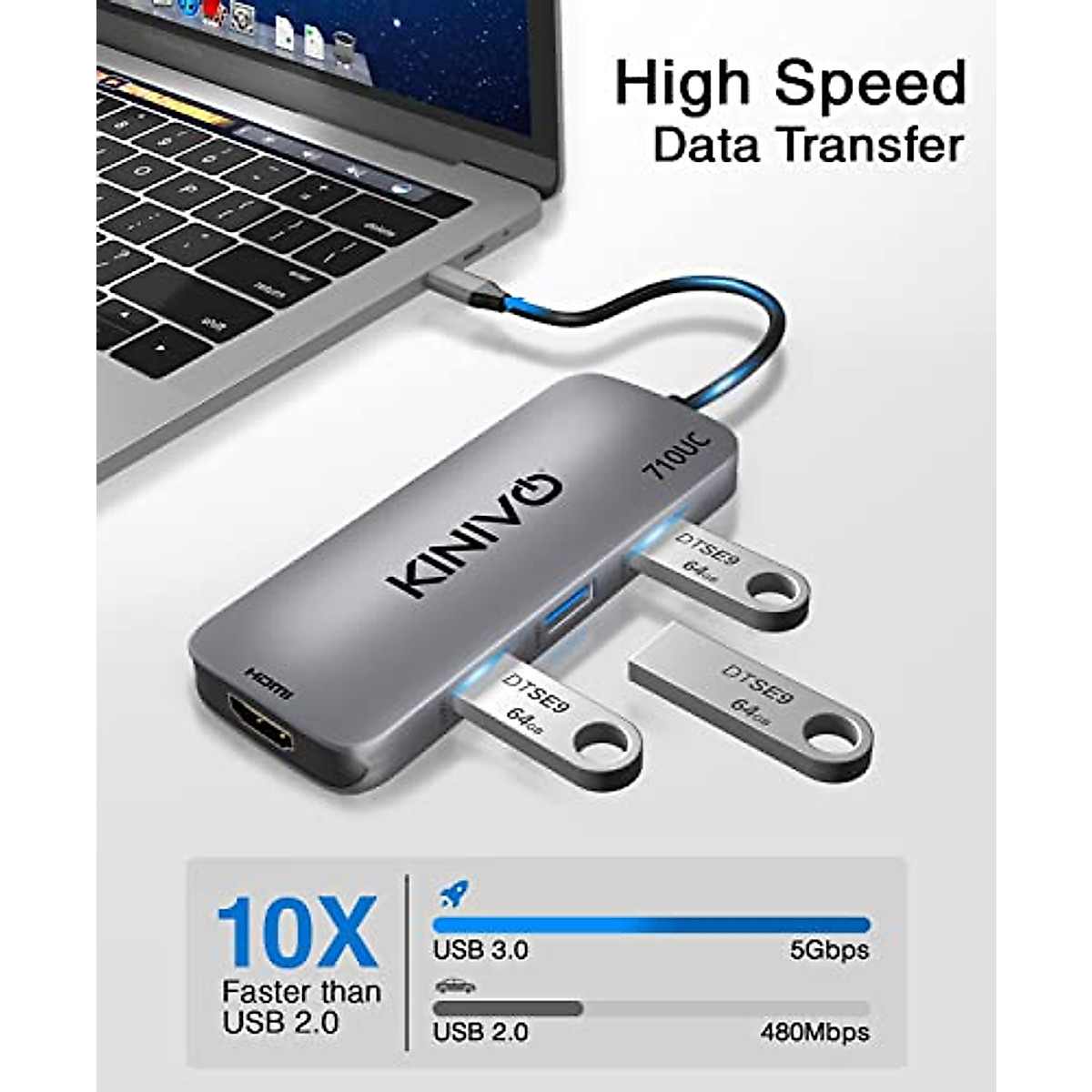 Kinivo 710UC USB C Hub (7 Port USB-C Adapter- 3 USB 3.0-5Gbps Data, 4K HDMI, 100W PD, SD, TF Card Reader) - Compatible with MacBook Pro Air (Thunderbolt 3), iPad Pro, Chromebook, XPS, Samsung