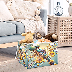 DIGTIA Dragonfly with Sunflower Storage Bins with Lids Spring Summer Foldable Storage Basket with Handles Collapsible Large Fabric Organizer Containers for Clothes Shelves Closet Office Home Bedroom