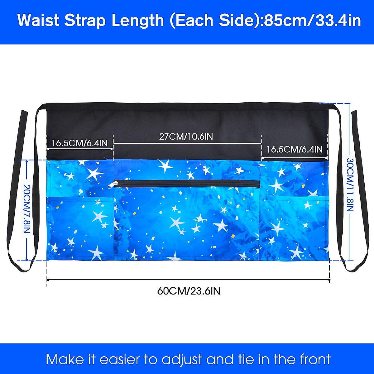 Fiodrimy Server Apron Waitress Apron with 6 Pockets, Half Waist Aprons Restaurant Chef Aprons for Women Men Home Cooking Restaurant Serving Work (Blue Starry)