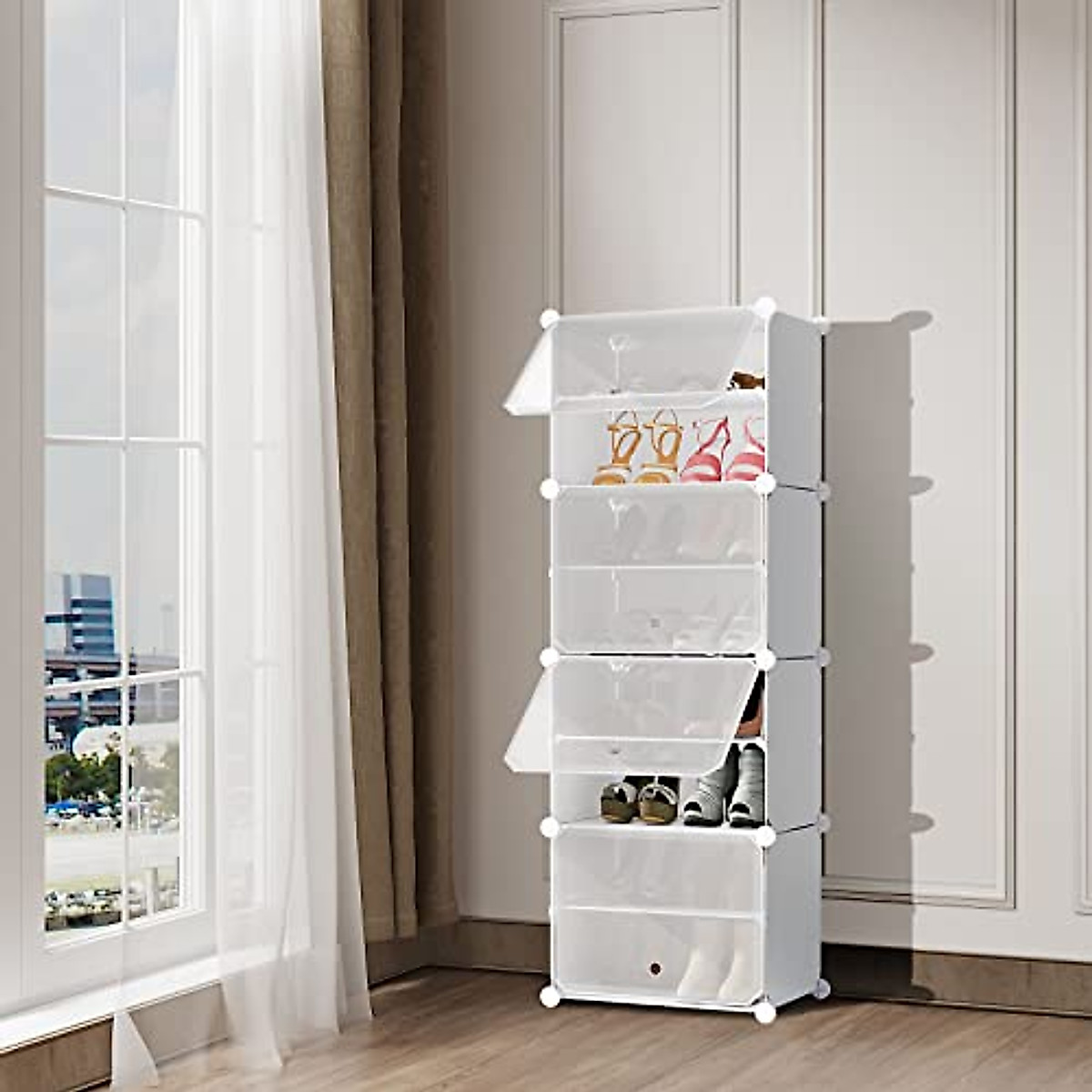 UNZIPE Shoe Rack Cabinet, 8-Tier Shoe Storage Organizer with Doors for Entryway, 16 Pair Plastic Shoe Shelves with Covered DIY Freestanding Shoe Tower for Closet Bedroom Hallway Mudroom Garage, White