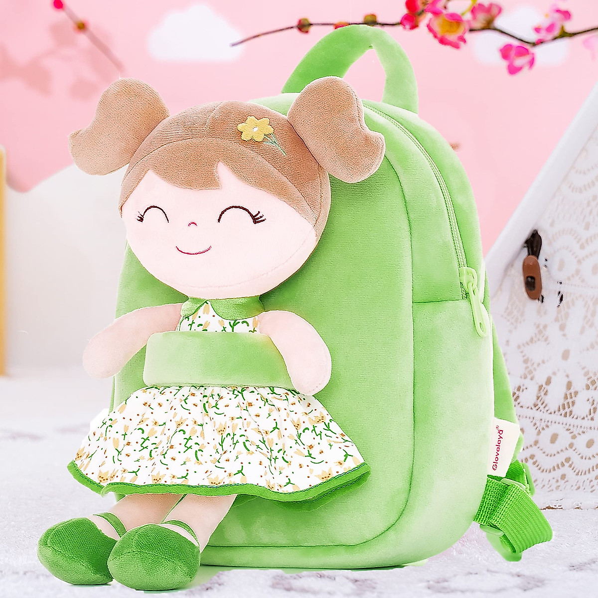 Gloveleya Kids Backpack Toddler Backpack Soft Plush Flower Fairy Girls Doll Backpack Green 9"