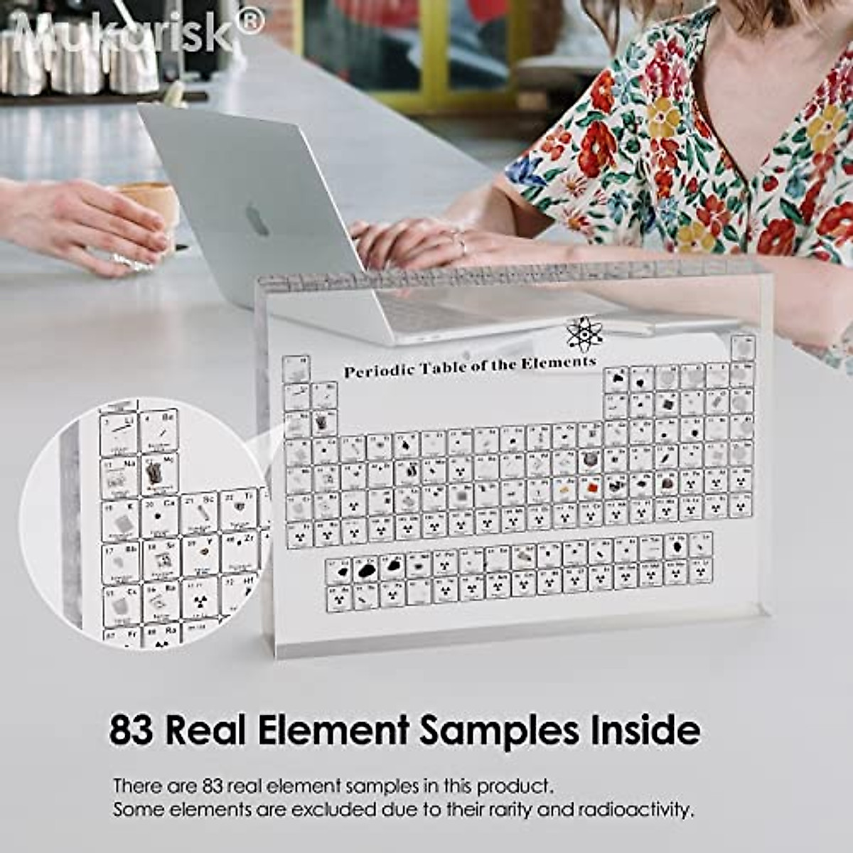 Mukarisk Large Size Periodic Table with Real Elements Inside, 7.9 Inch Acrylic Periodic Table with Elements Samples, Periodic Table Display with Elements, 7.9 * 5 * 1 inch