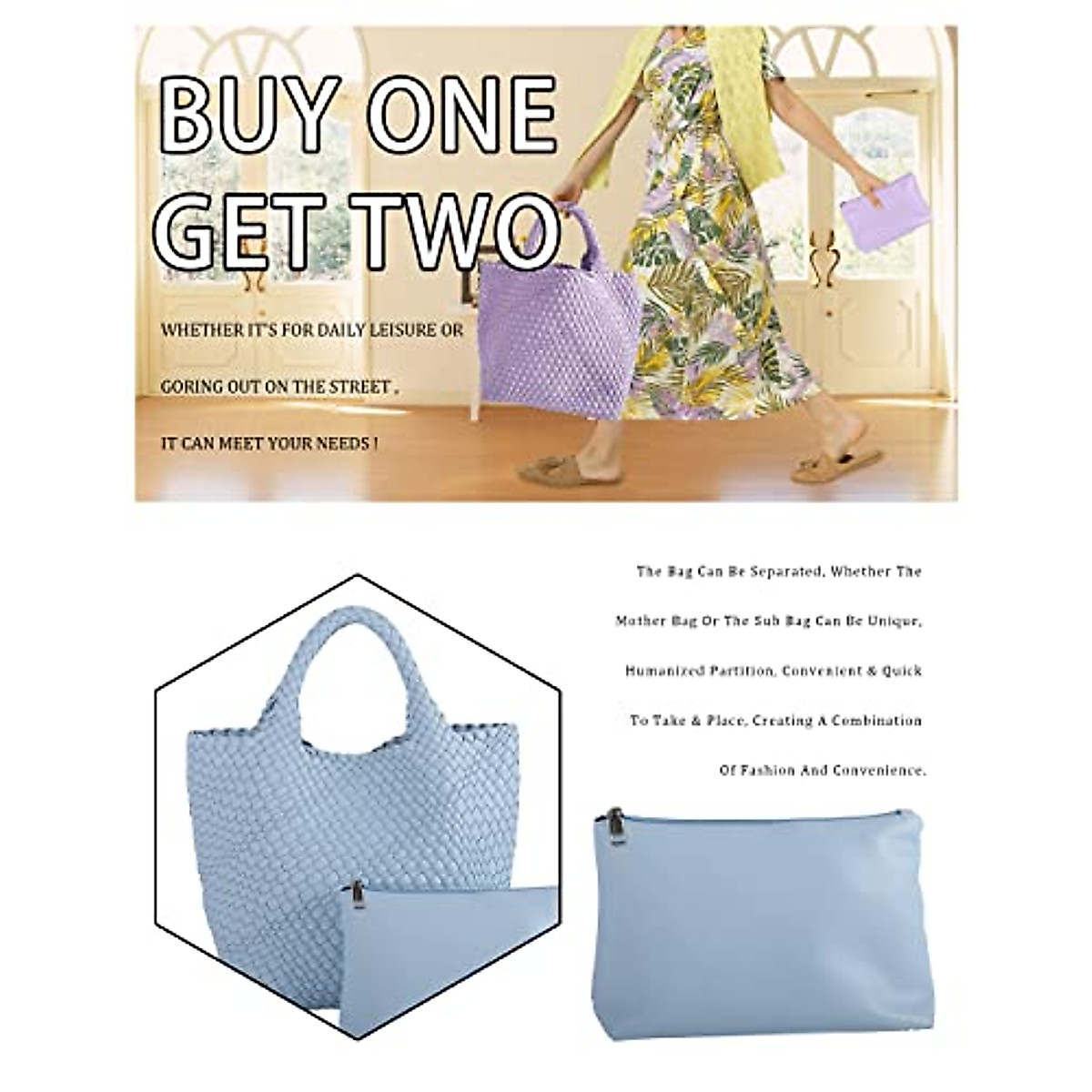 Large Woven Tote Handbags Women Vegan Leather Shoulder Top-Handle Travel Tote Bag Fashion Lady Underarm Shopper Bags + Purse Blue