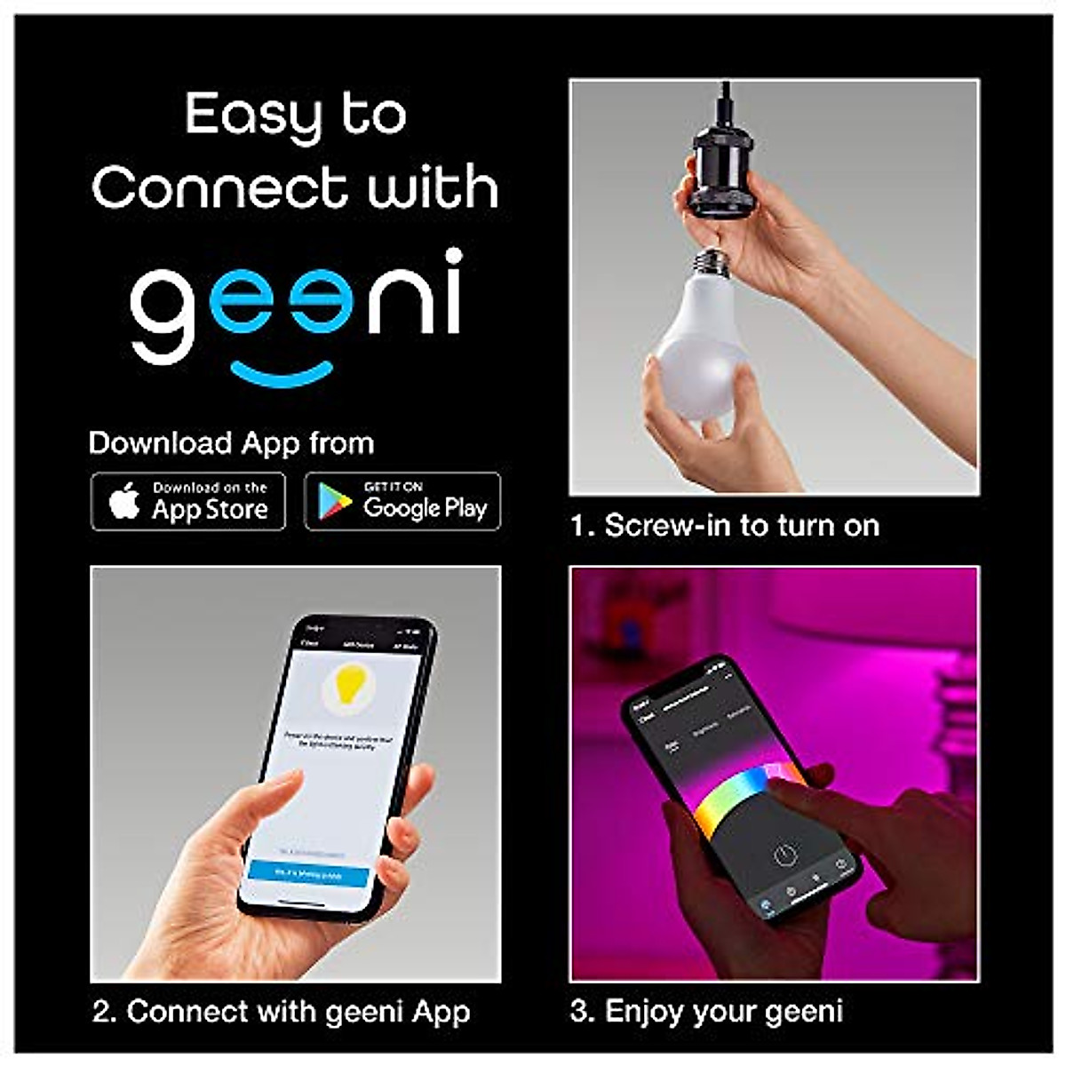 Geeni Prisma 800 2700K Dimmable A19, 60W Equivalent Color Changing RGBW LED Smart WiFi Light Bulb, Works with Alexa and Google Home, No Hub Required, Requires 2.4GHz WiFi  (2 Pack)